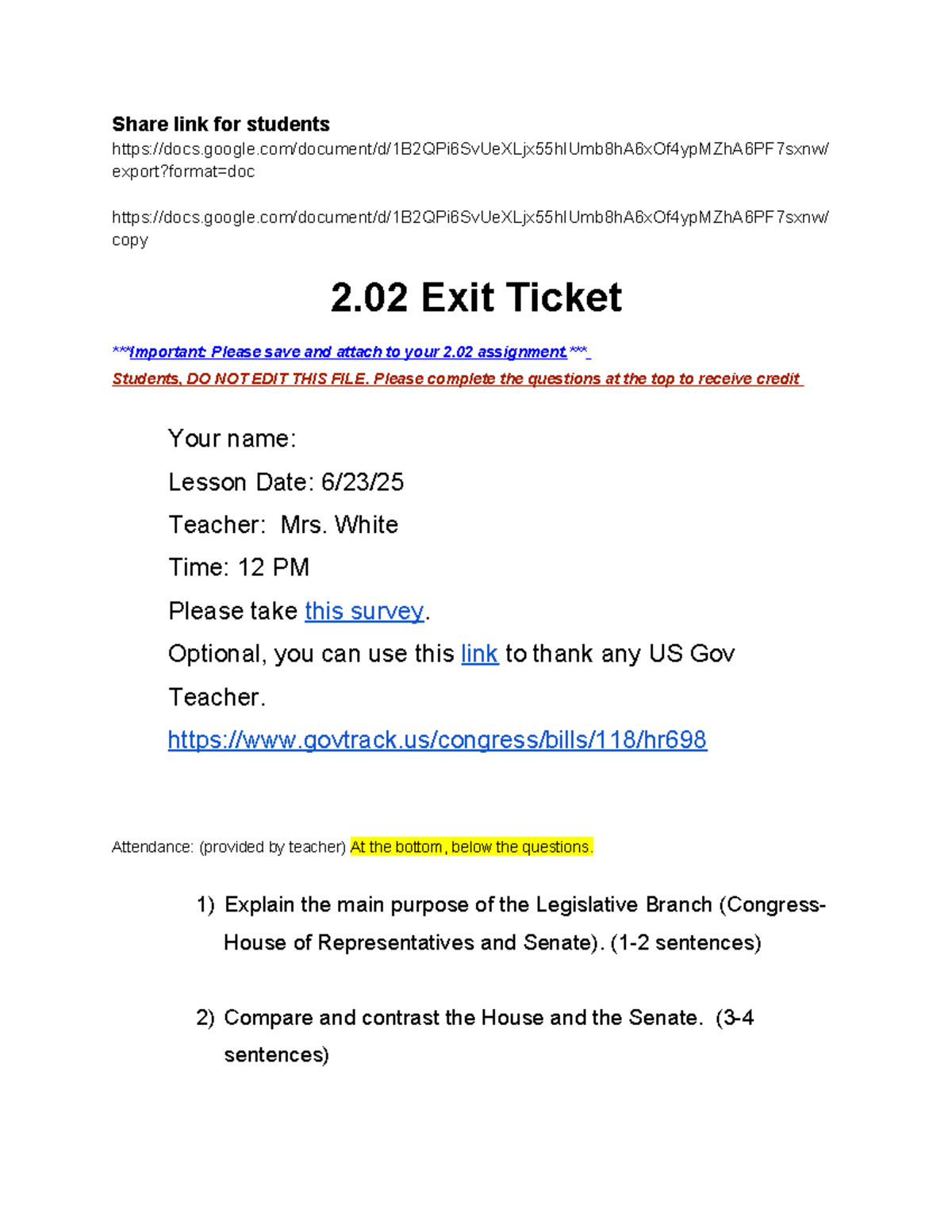 2.02 Exit Ticket: Legislative Branch Survey and Reflection - Studocu