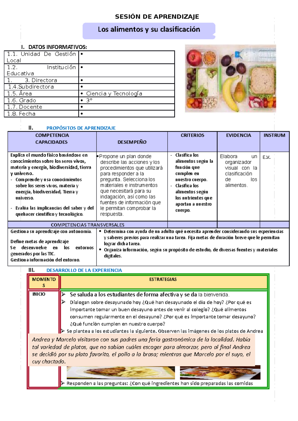 Sesión de Aprendizaje: Clasificación de Alimentos - Septiembre - Studocu