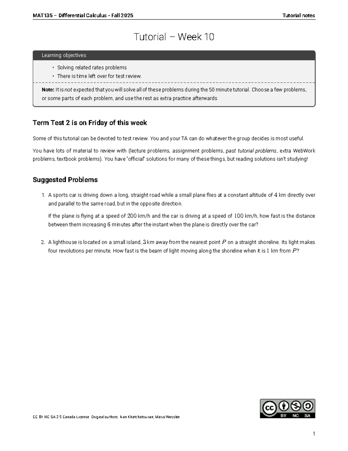 MAT135 Differential Calculus Fall 2025 Tutorial W10: Related Rates ...