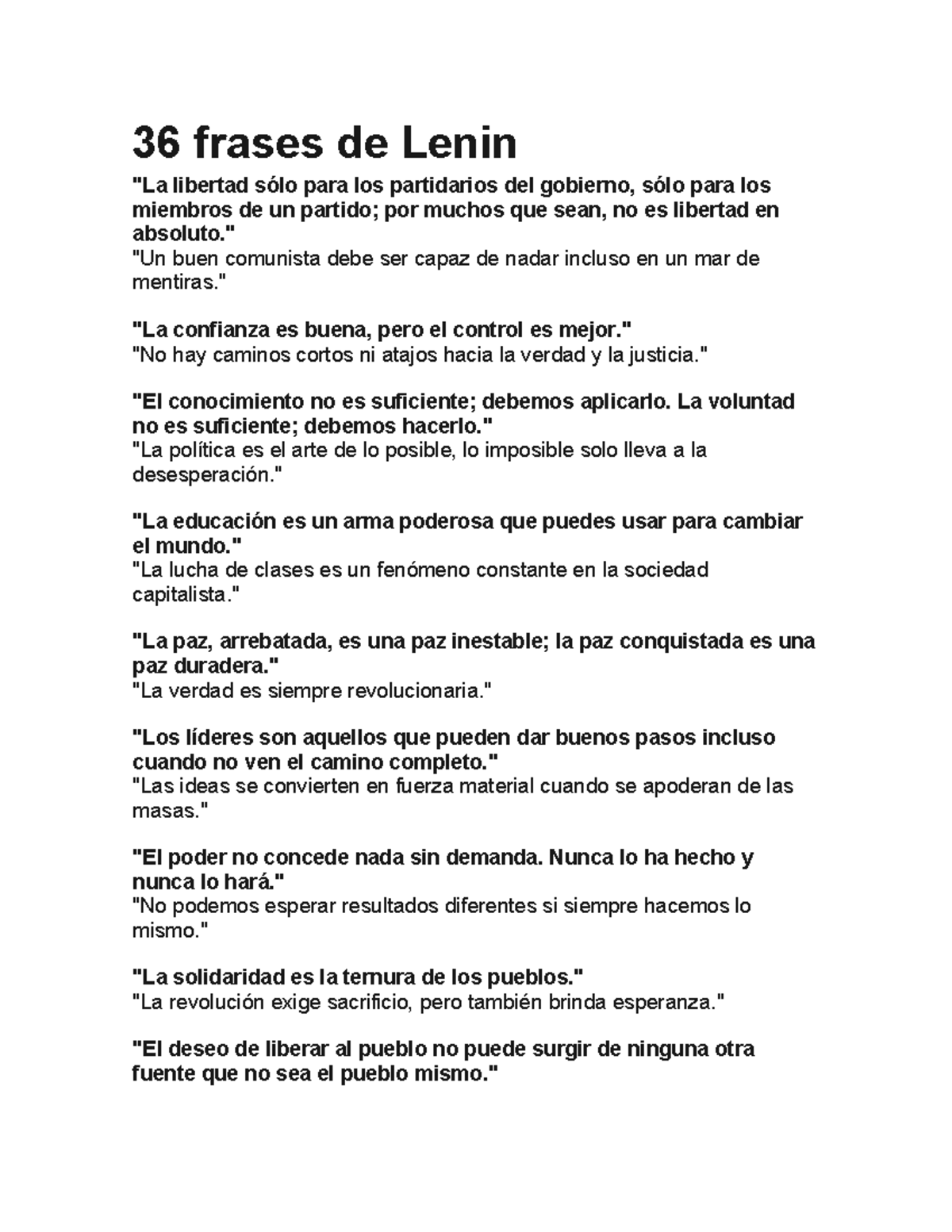 36 Frases de Lenin - Reflexiones sobre Libertad y Revolución - Studocu