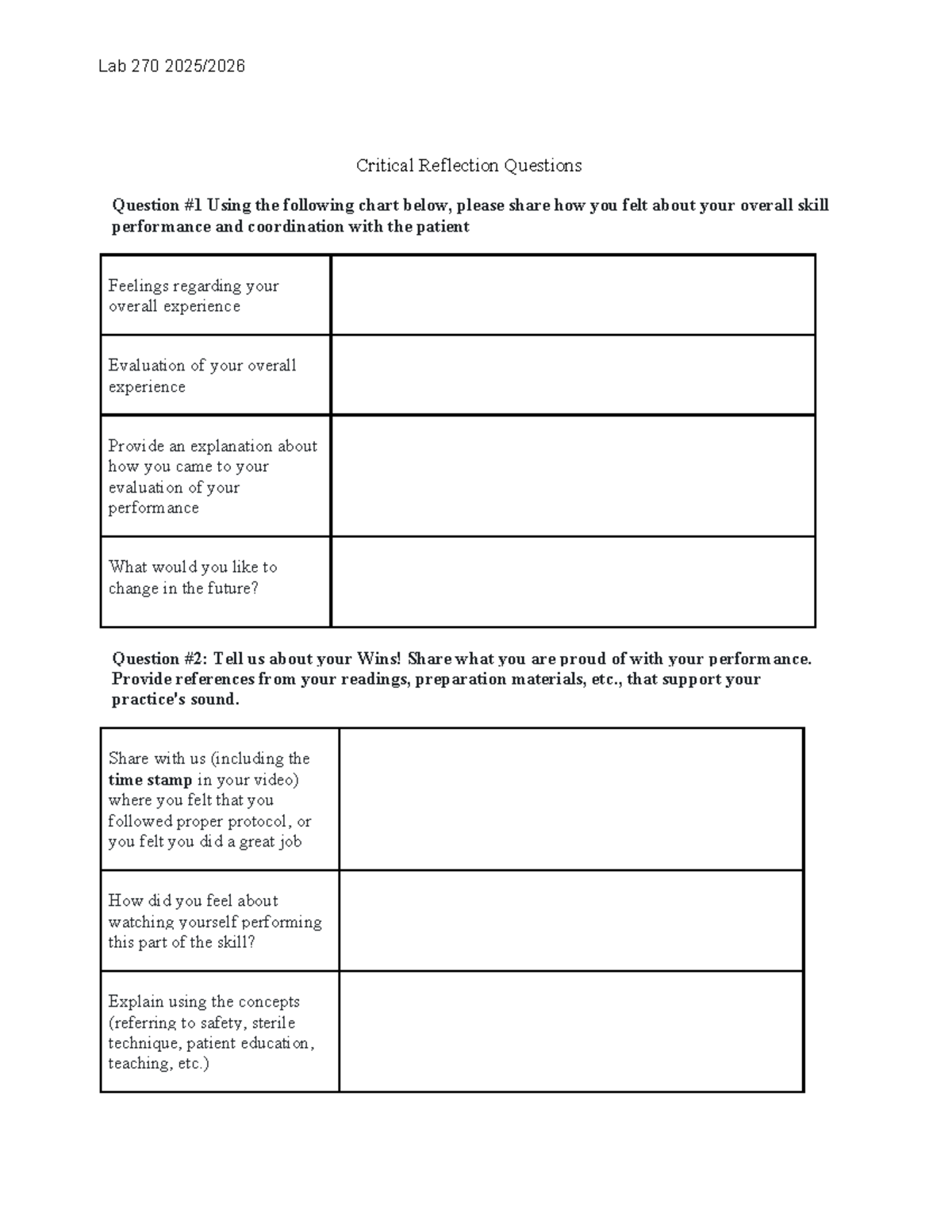 270 Lab Critical Reflection Questions and Skill Evaluation - Studocu