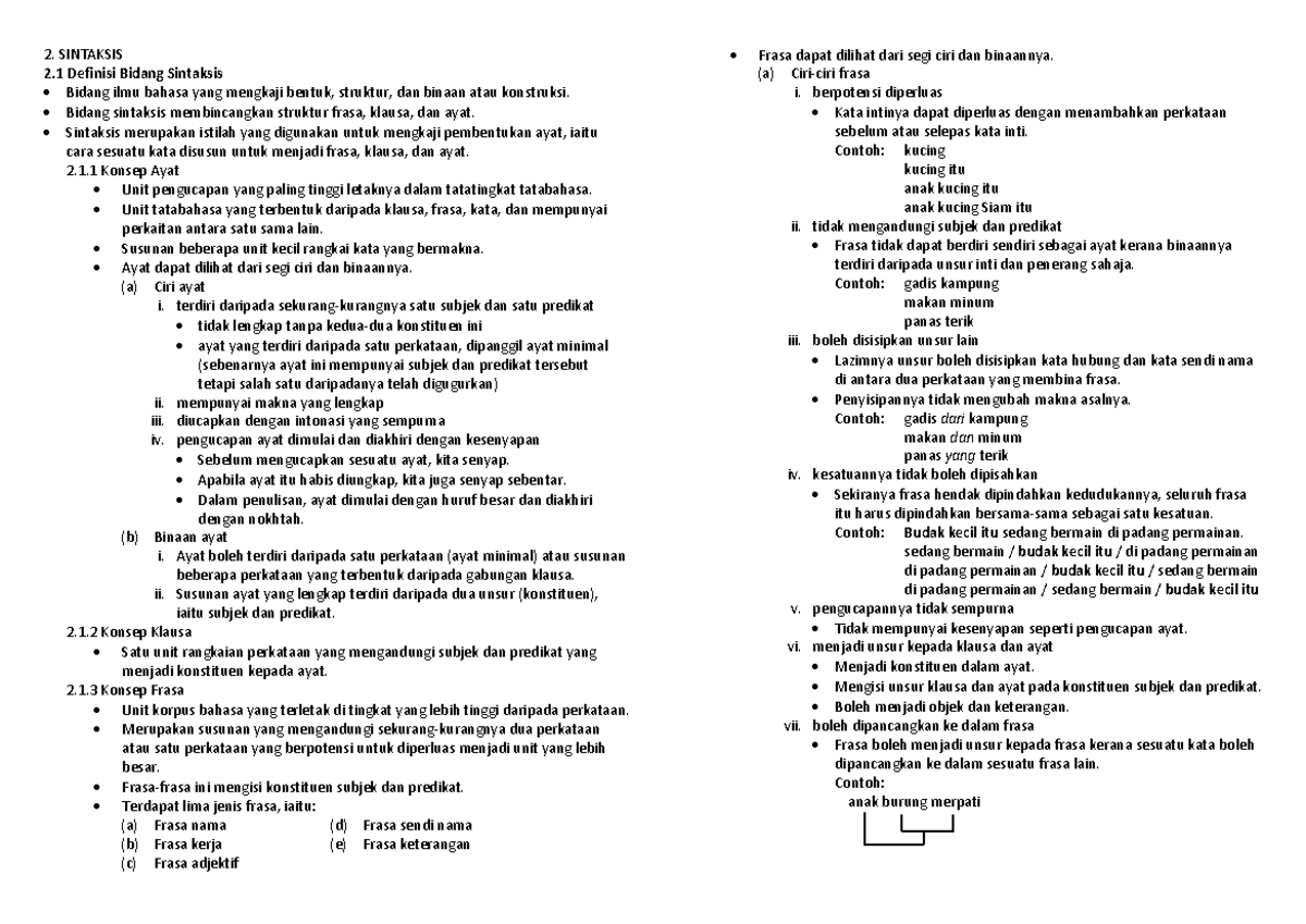 Sintaksis Bahasa Melayu STPM: Definisi dan Konsep Utama - Studocu