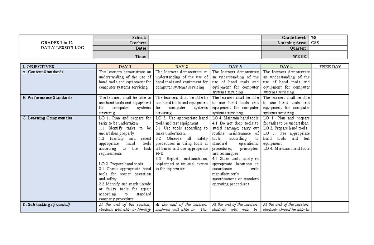 CSS Lesson Log: Computer Systems Servicing & Operations - Studocu