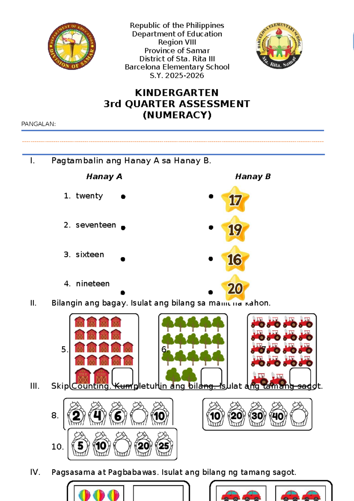 KINDERGARTEN Q3 ASSESSMENT (NUMERACY) - S.Y. 2023-2024 - Studocu
