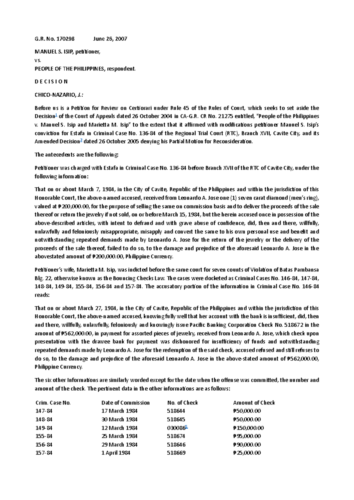 G.R. No. 170298: Manuel S. Isip vs. People of the Philippines - Estafa ...