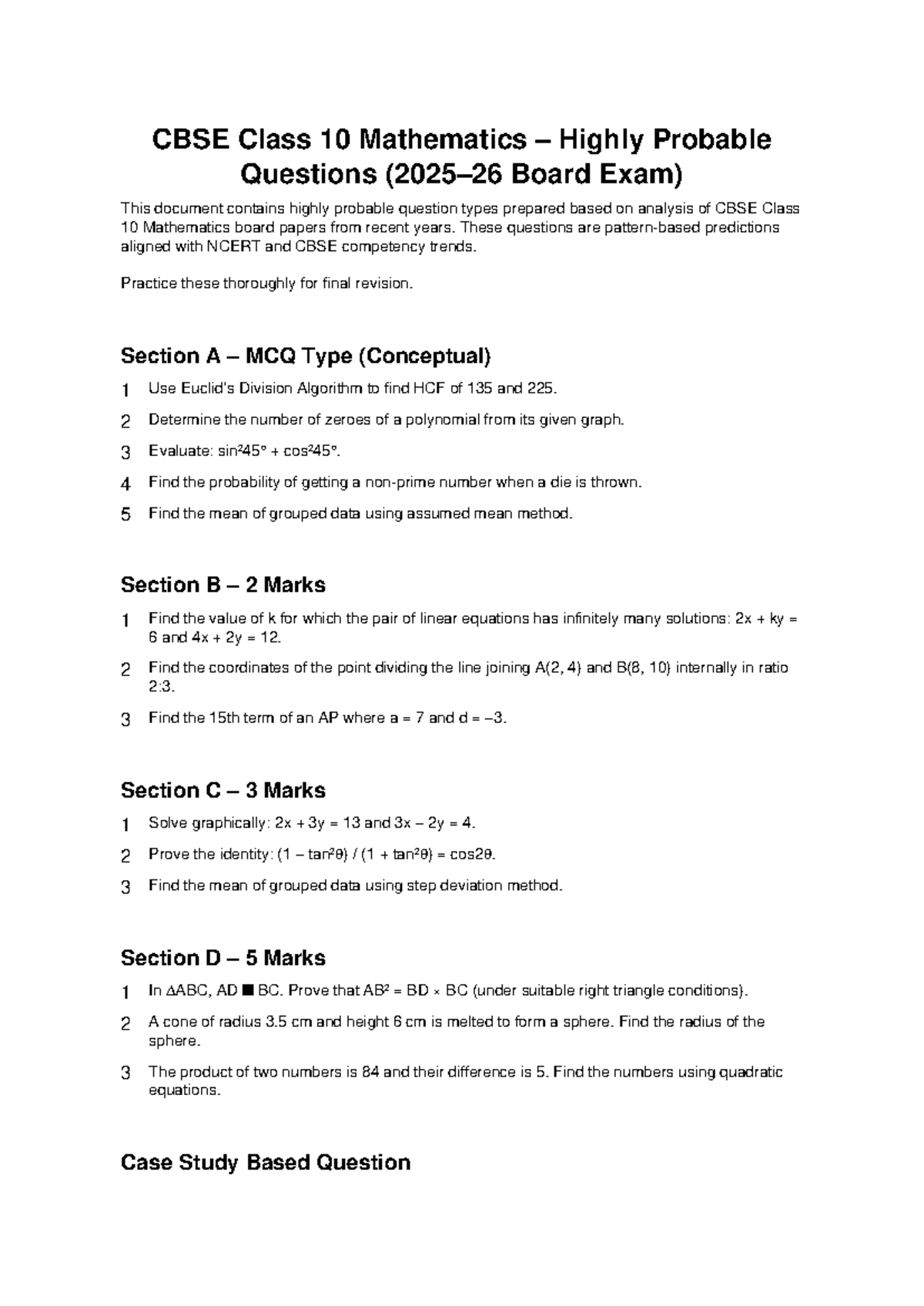 CBSE Class 10 Maths Predicted Questions for Board Exam 2023 - Studocu