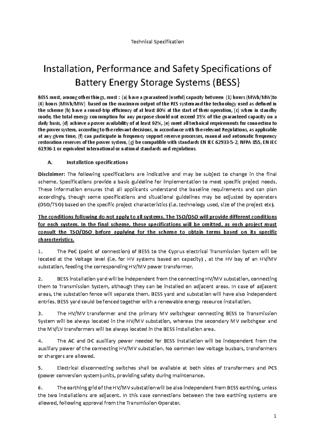 Technical Specification for BESS Installation, Performance & Safety ...