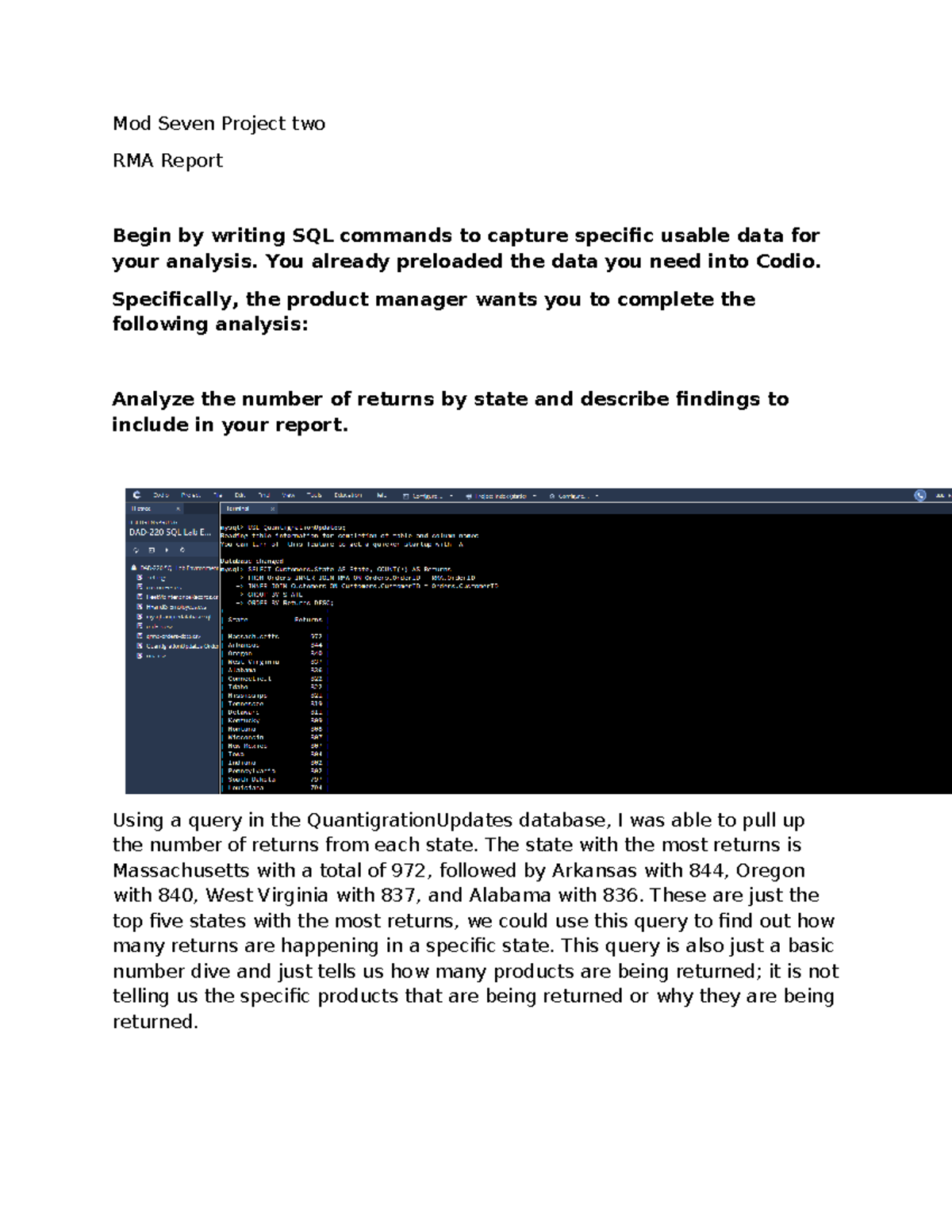DAD 220 Mod 7 Project Two: RMA Data Analysis Report Summary - Studocu