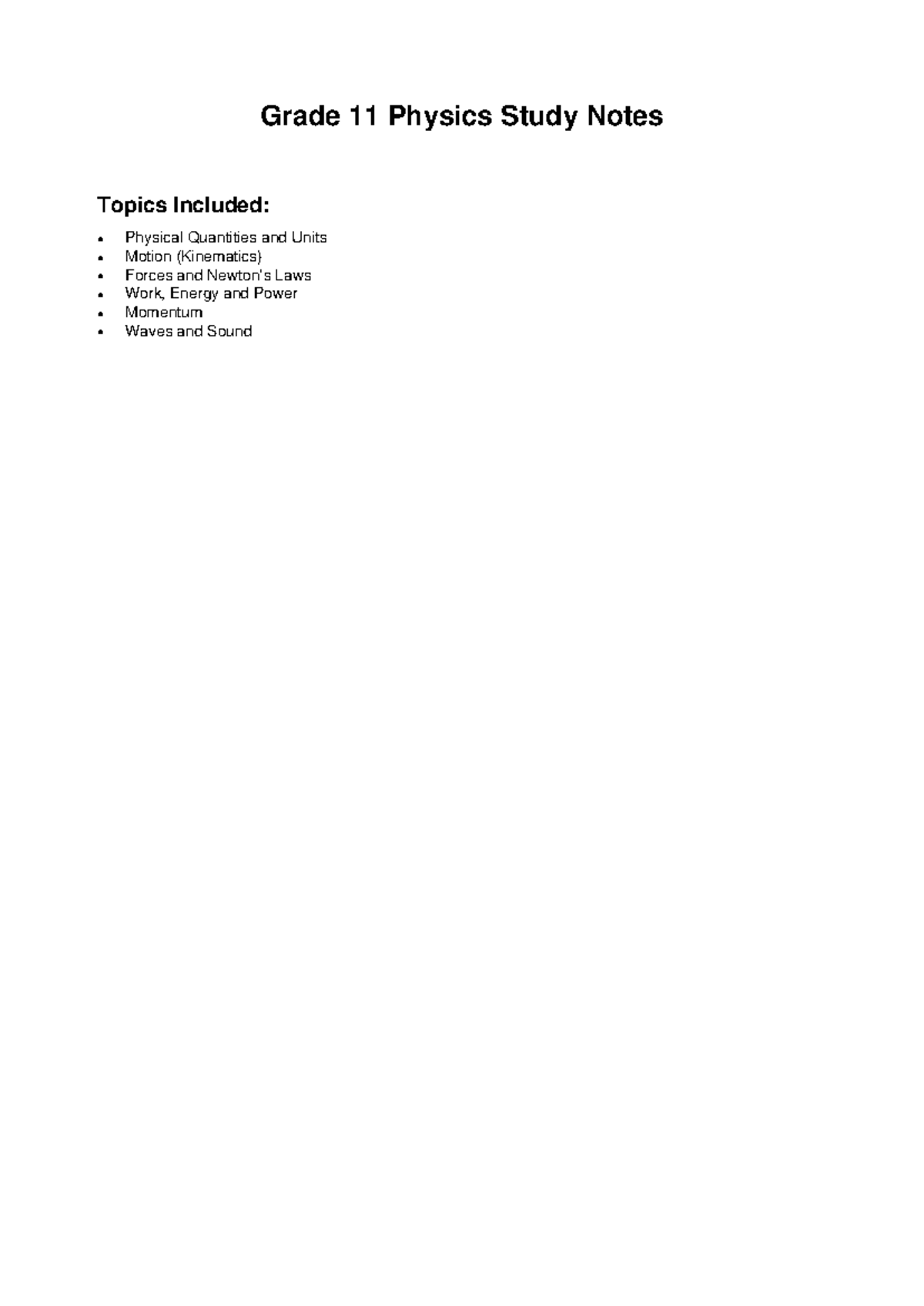 Grade 11 Physics Study Notes: Key Topics & Formulas - Studocu