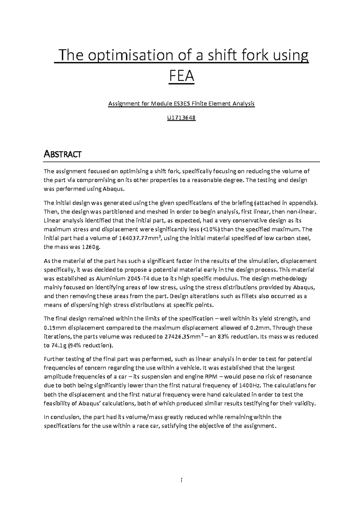 Optimisation of Shift Fork Using FEA - Assignment ES3E5 - Studocu