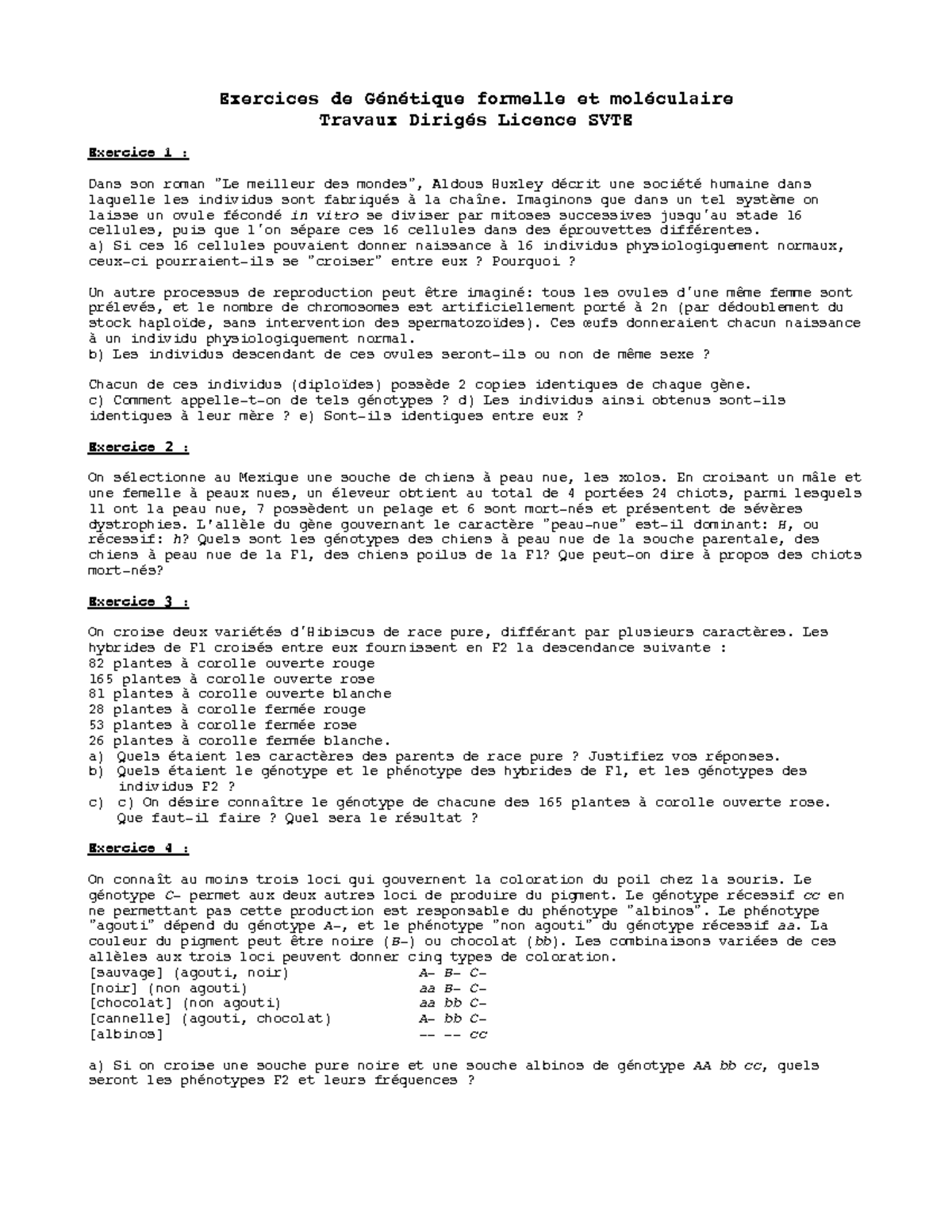 TD Exercices de Génétique Formelle 2019-2020 - Corrigés et Explications ...