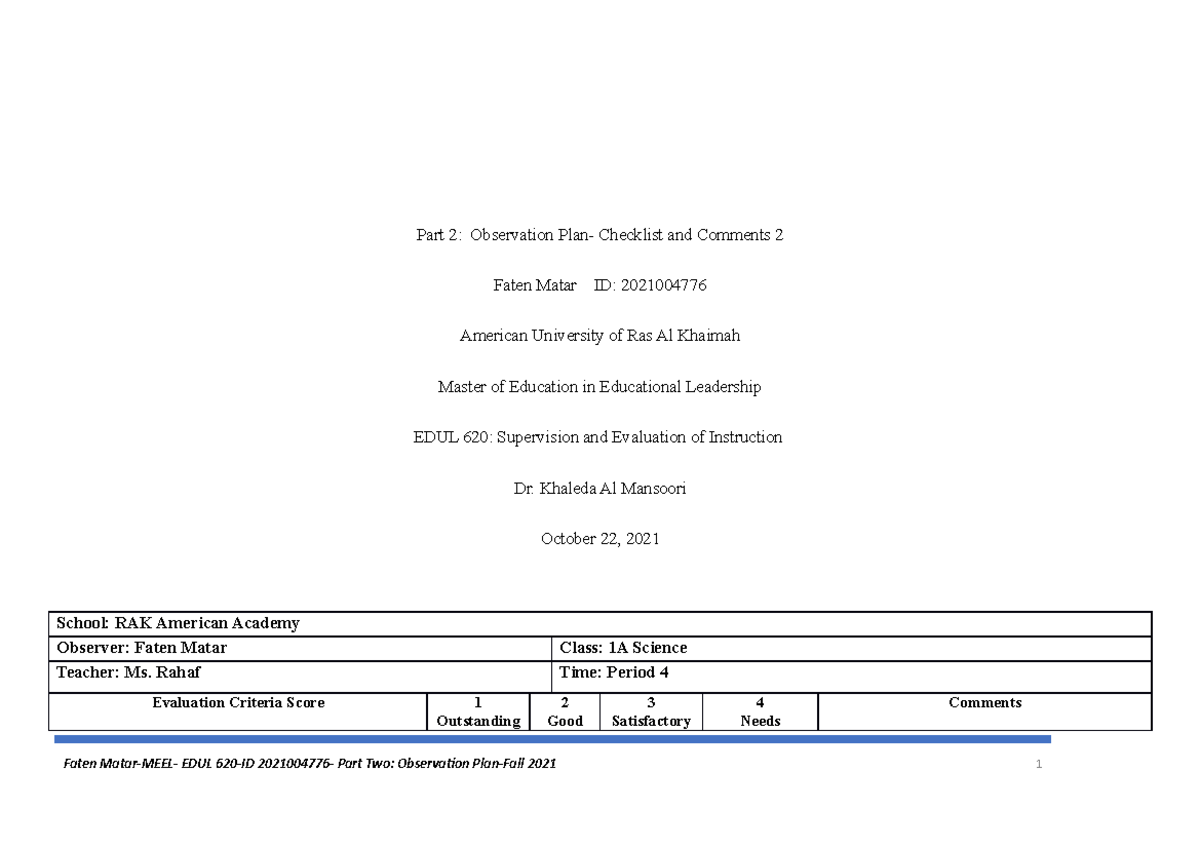 EDUL 620: Observation Plan 2 - Evaluating 1A Science Class by Faten ...