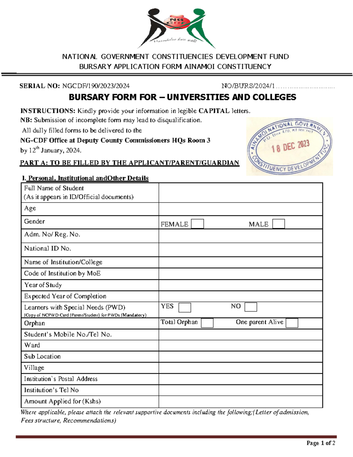 Ainamoi Constituency Bursary Application Form for Universities ...