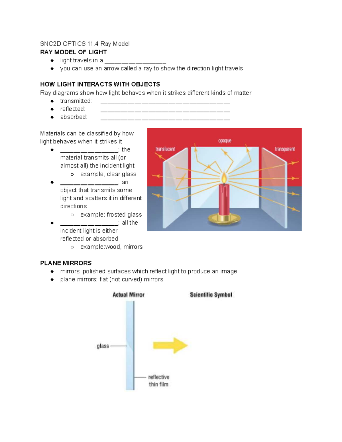 SNC2D Optics 11.4: Understanding the Ray Model of Light - Studocu