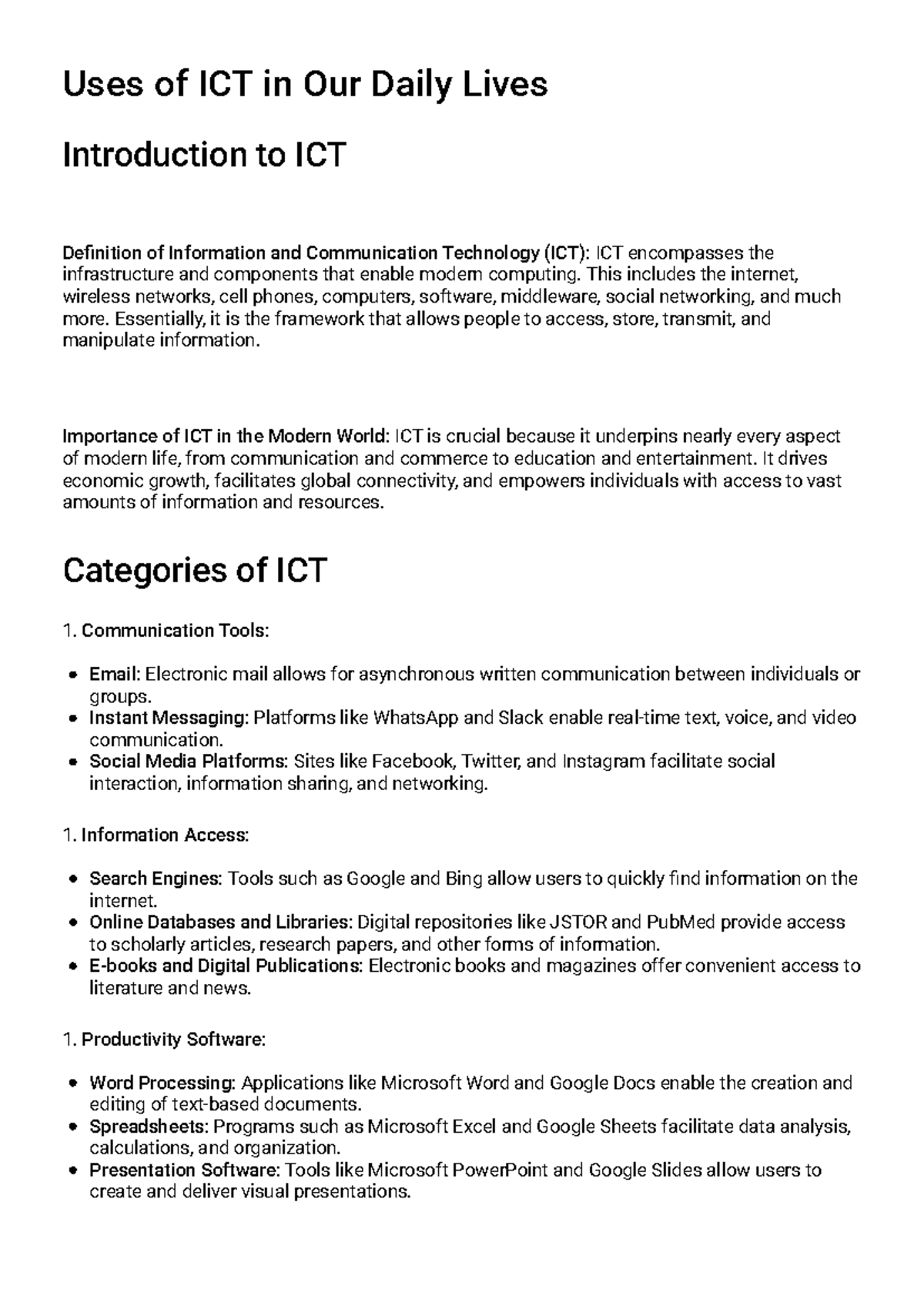 Uses of ICT in Our Daily Lives - Study Guide - Studocu