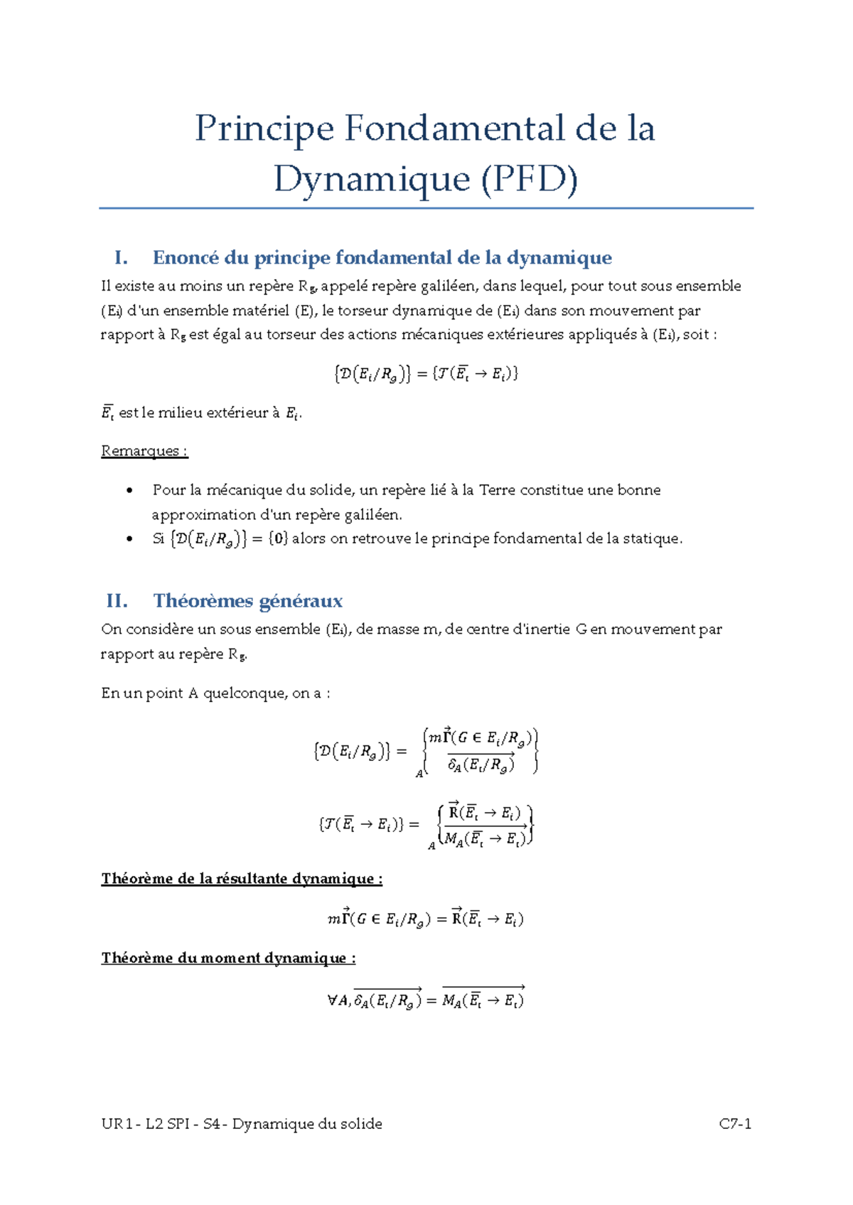 L2 - S4 - Cours Dynamique 7 - Principe fondamental de la dynamique - Principe Fondamental de la ...