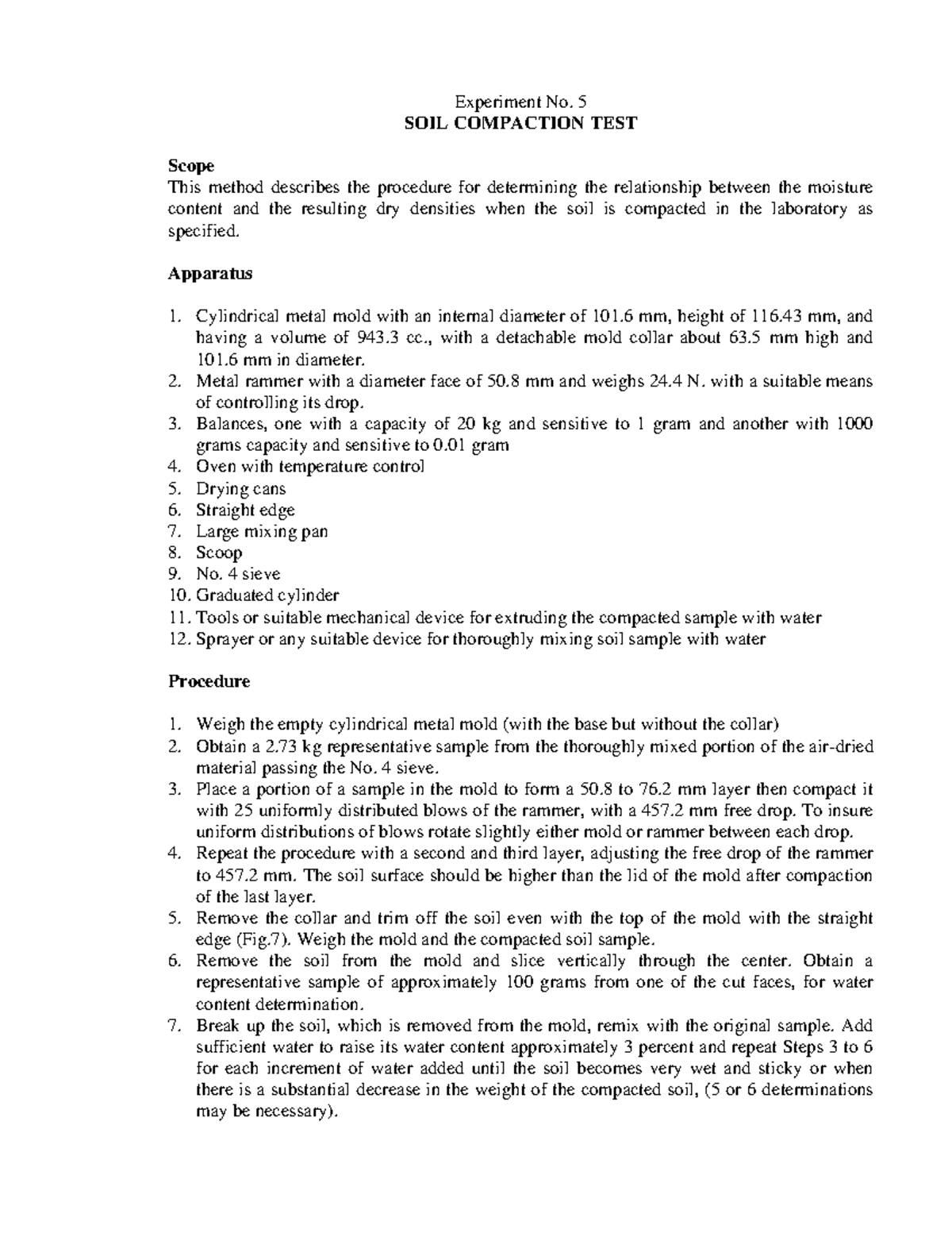 Expt No. 05 - Soil Compaction Test Procedure and Analysis - Studocu