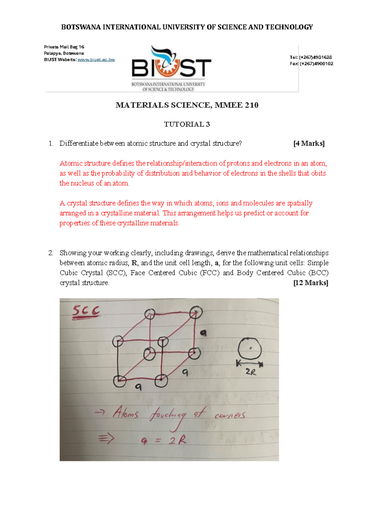 MMEE 210 Tutorial 3: Atomic & Crystal Structure Analysis - Studocu