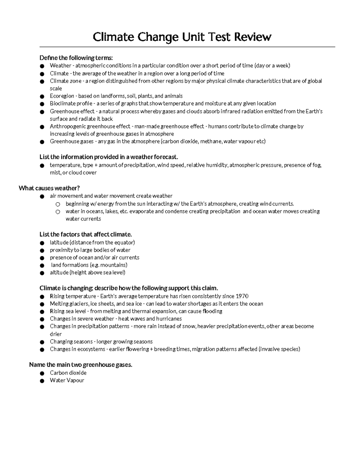 Climate Change Unit Test Review: Key Concepts and Impacts - Studocu