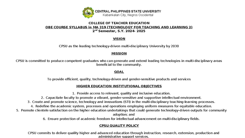 MA 319 Course Syllabus: Technology for Teaching and Learning 2 - Studocu