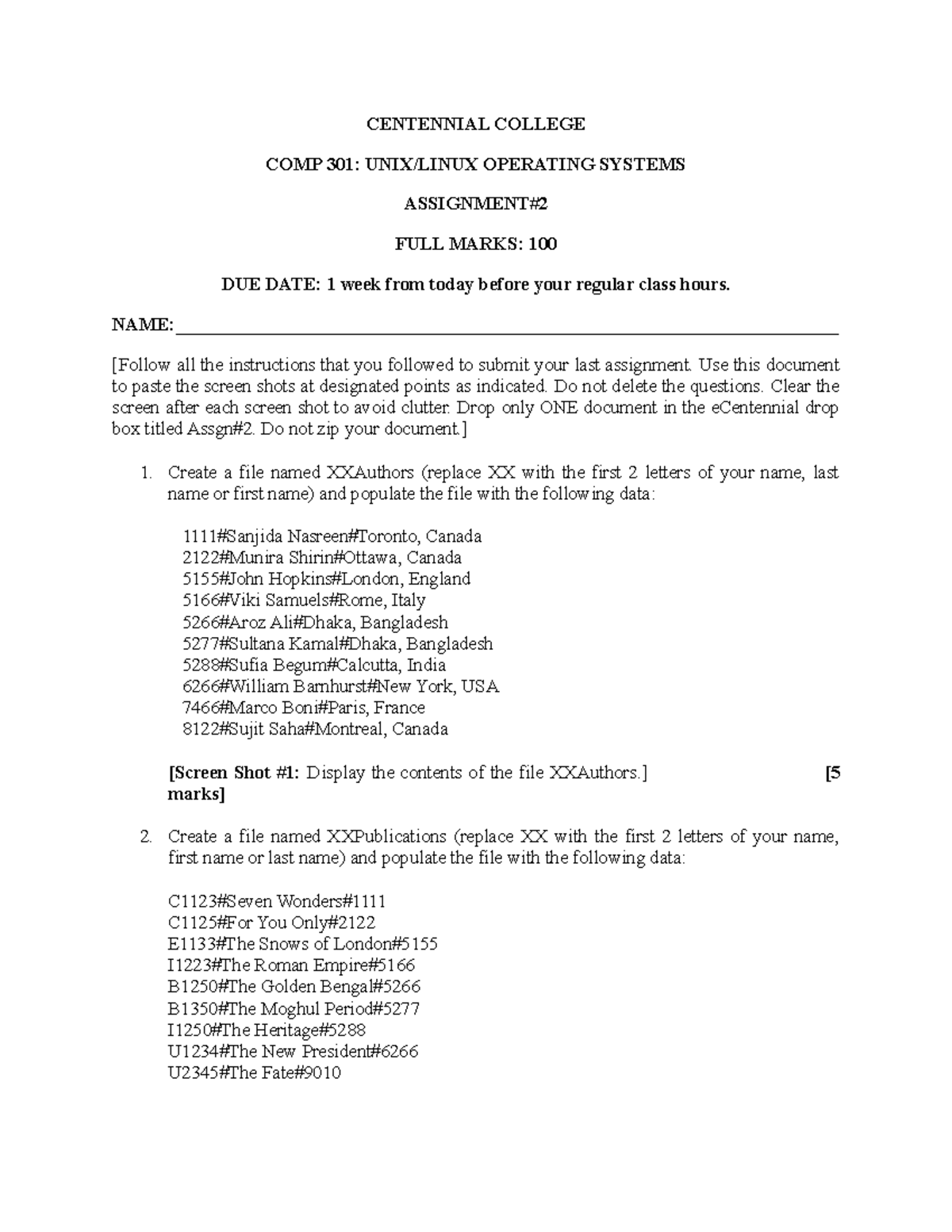 Lab2 - Assignment 2 Unix Linux - CENTENNIAL COLLEGE COMP 301: UNIX ...