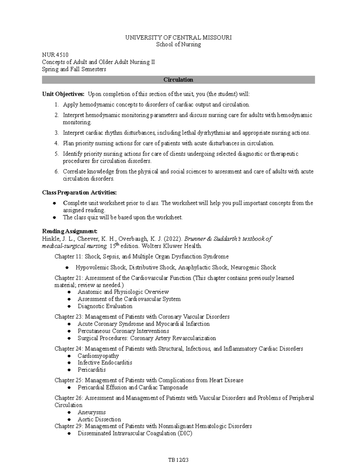 NUR 4510 Circulation Worksheet: Key Concepts & Nursing Care Guide - Studocu