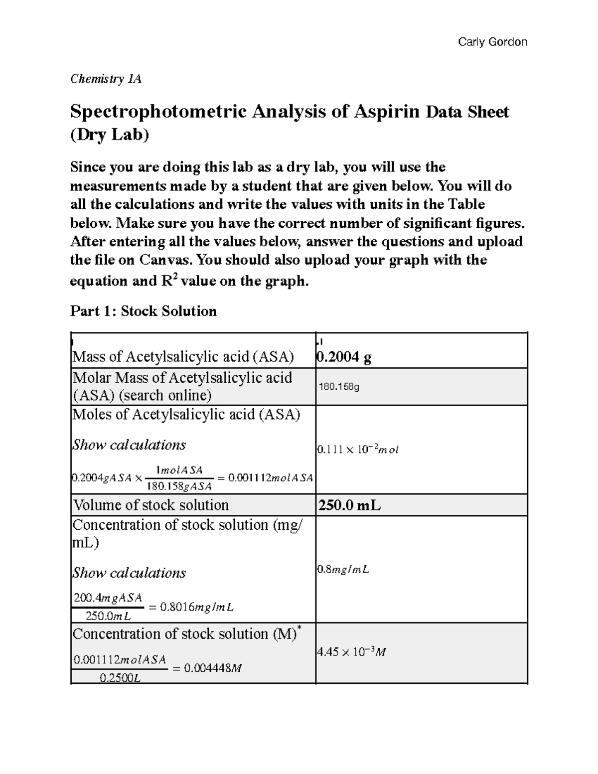 Aspirin lab - Chemistry 1A Spectrophotometric Analysis of Aspirin Data ...