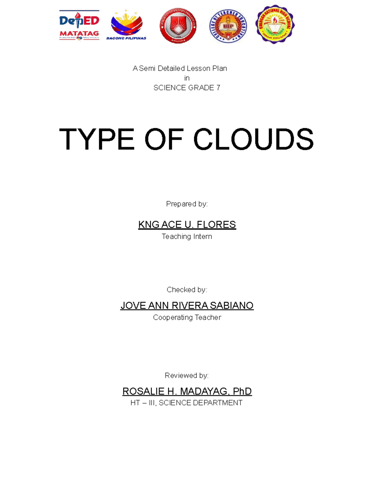 Semi-Detailed Lesson Plan: Types of Clouds for Grade 7 Science - Studocu