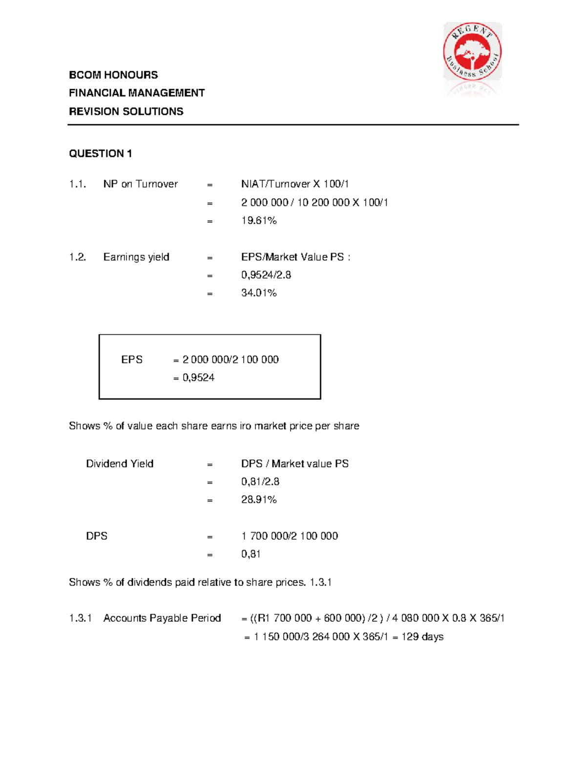 BCOM HONOURS FINANCIAL MANAGEMENT REVISION SOLUTIONS & ANALYSIS - Studocu