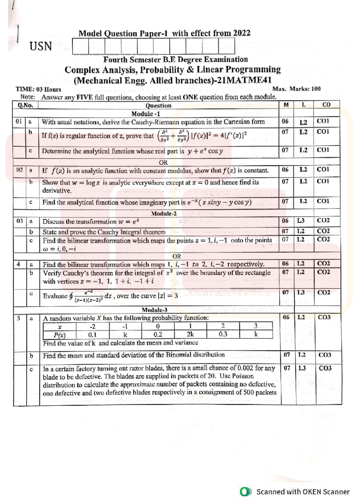 Model Question Paper for 2022 USN 4th Sem B.E. in Complex Analysis ...