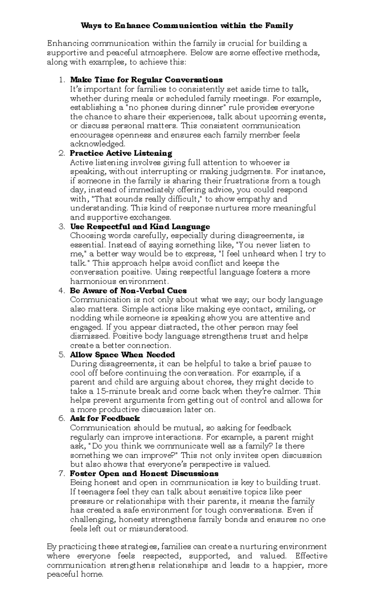Enhancing Family Communication: Strategies for a Supportive Home - Studocu