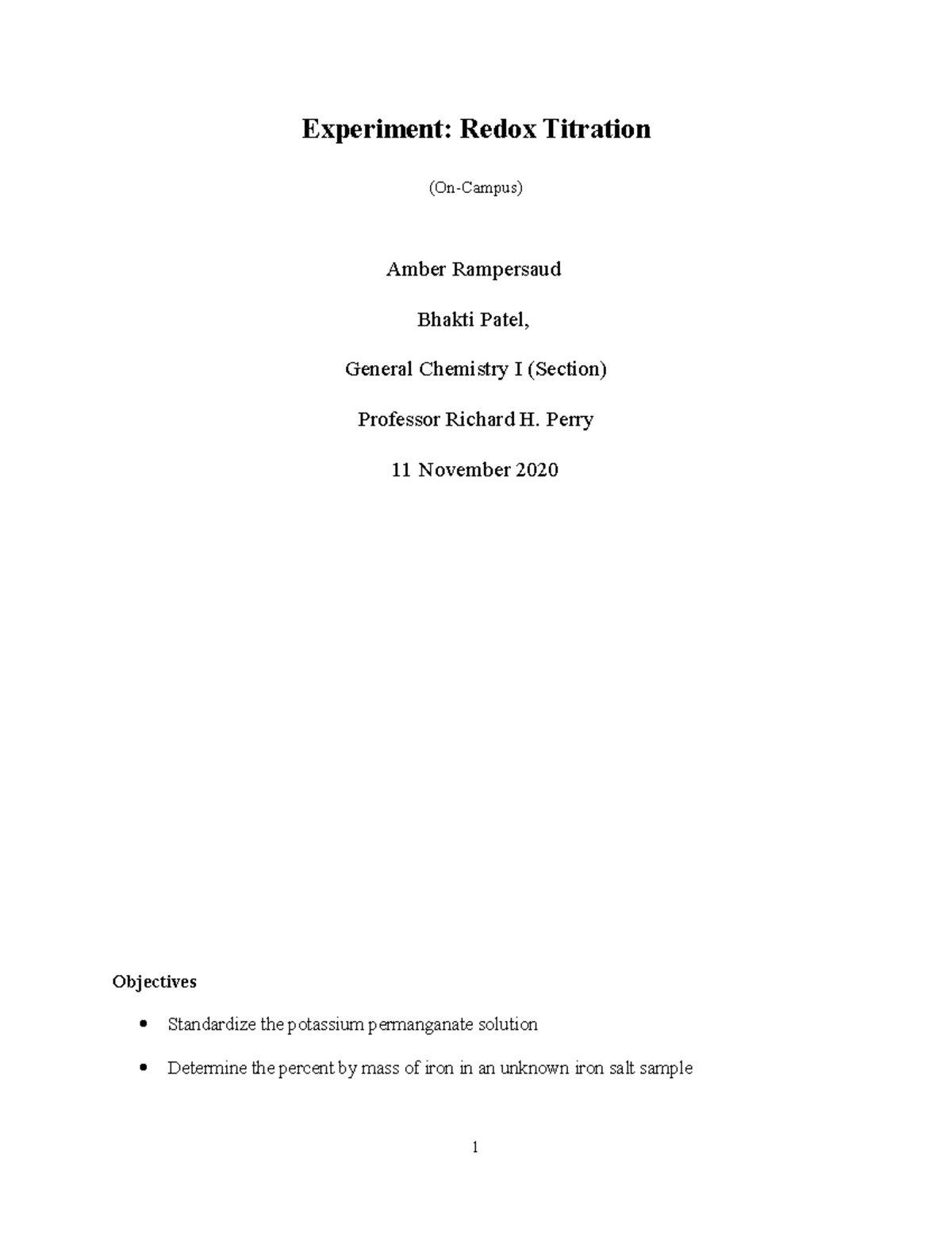 Redox Titration Lab Report: Results and Analysis (Gen Chem I) - Studocu
