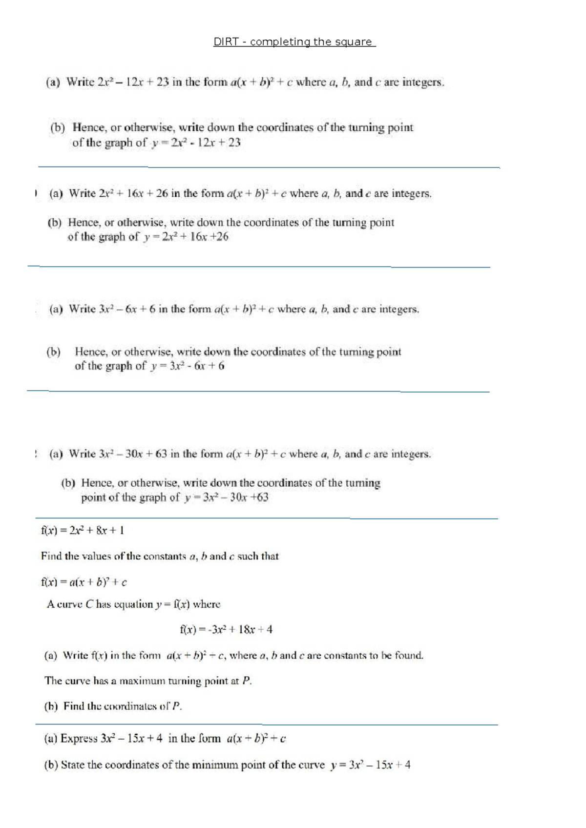 DIRT: Completing the Square - Quadratic Functions Analysis - Studocu