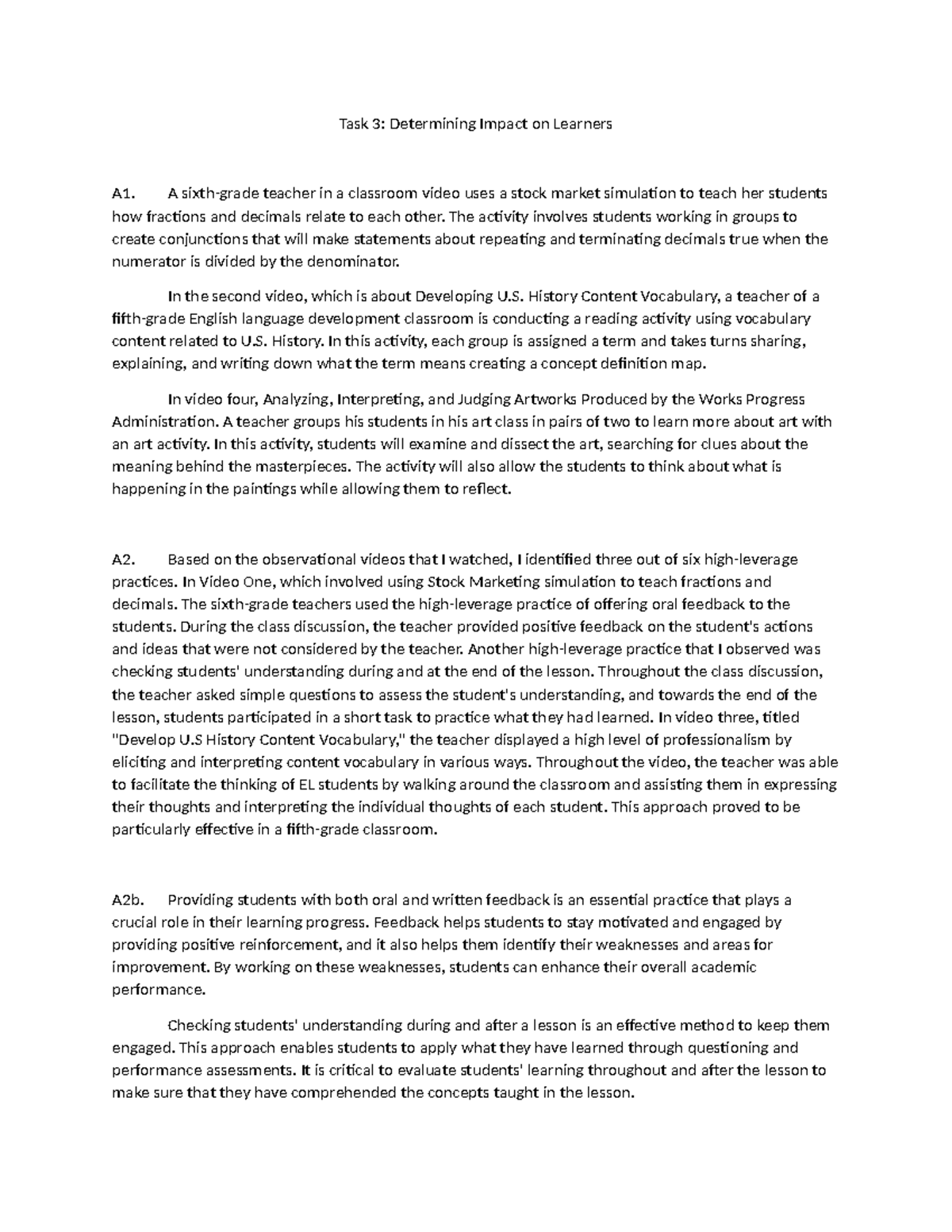 EDU 501 Task 3: Evaluating the Impact of Teaching Practices on Learners ...