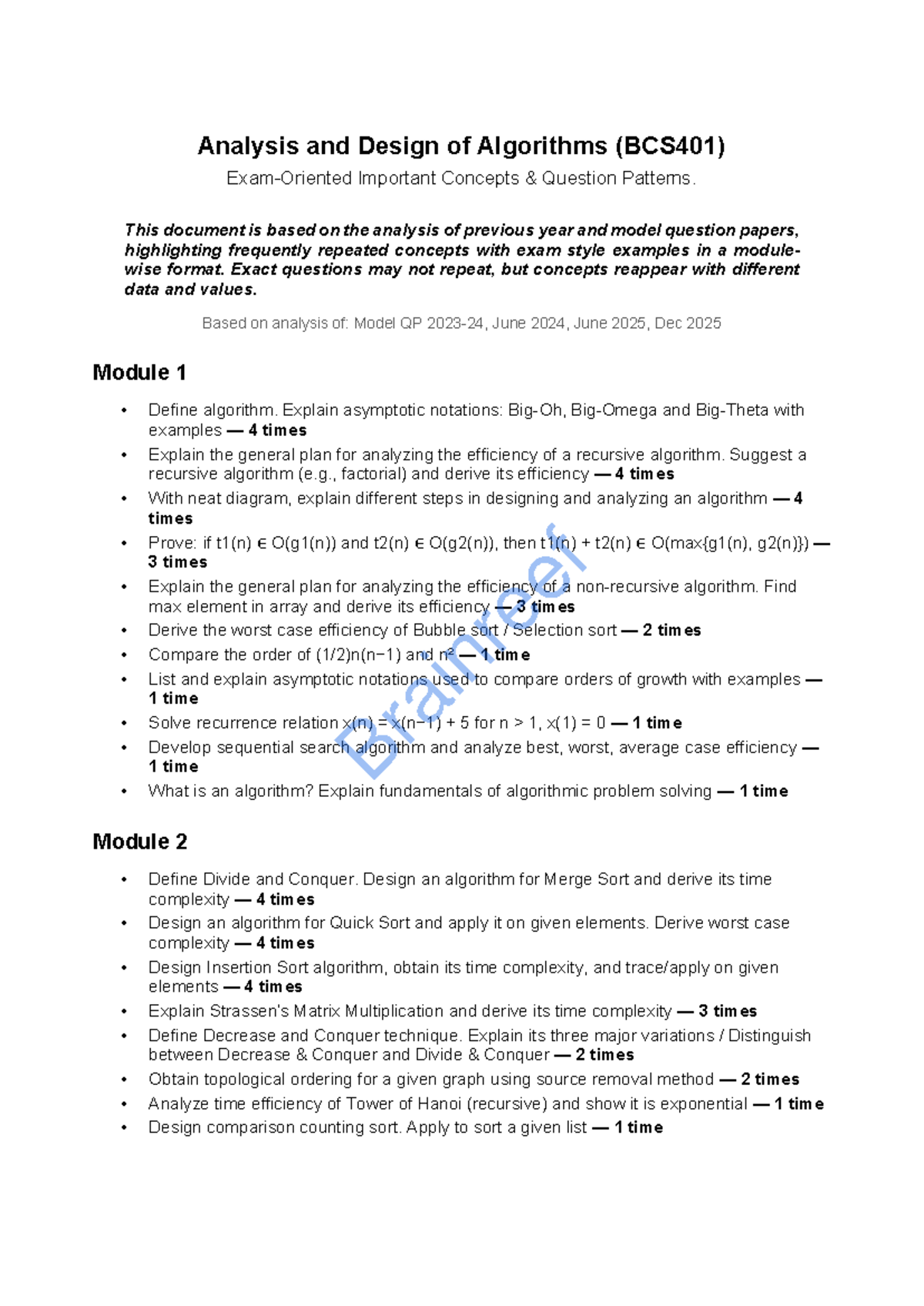 ADA BCS401 Important Concepts & Question Patterns Analysis - Studocu