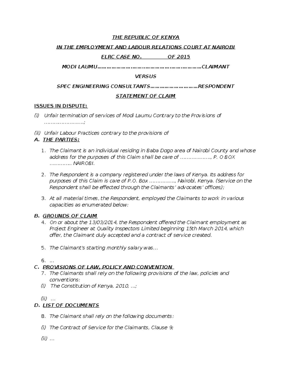 ELRC Case No. 2015: Draft Statement of Claim by Modi Laumu - Studocu