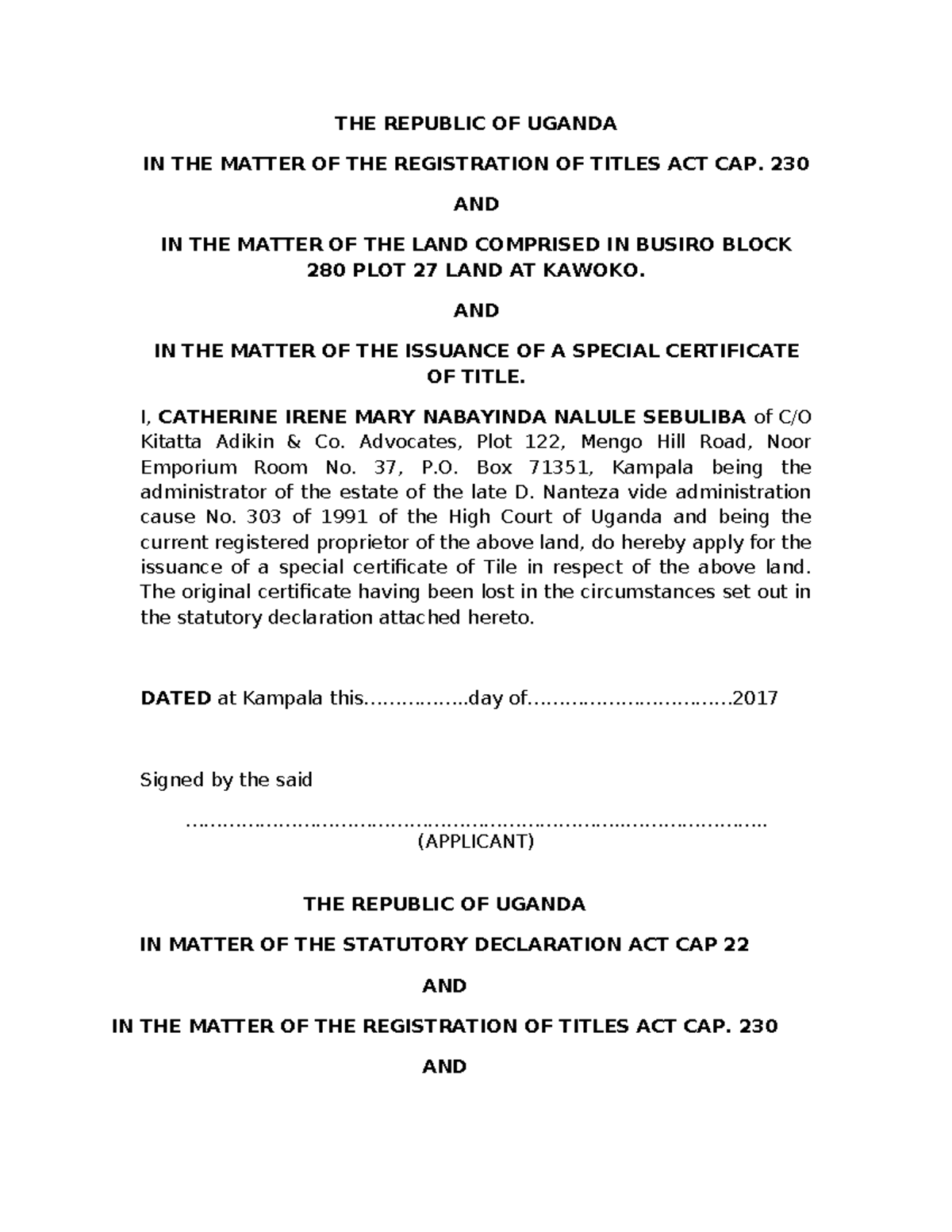 Application for Special Certificate of Title in Uganda - Studocu