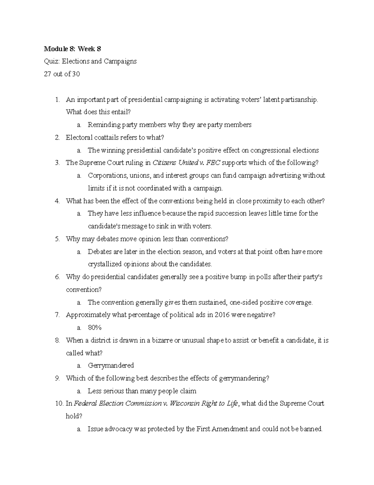 Quiz on Elections and Campaigns - GOV 203, Module 8 - Studocu