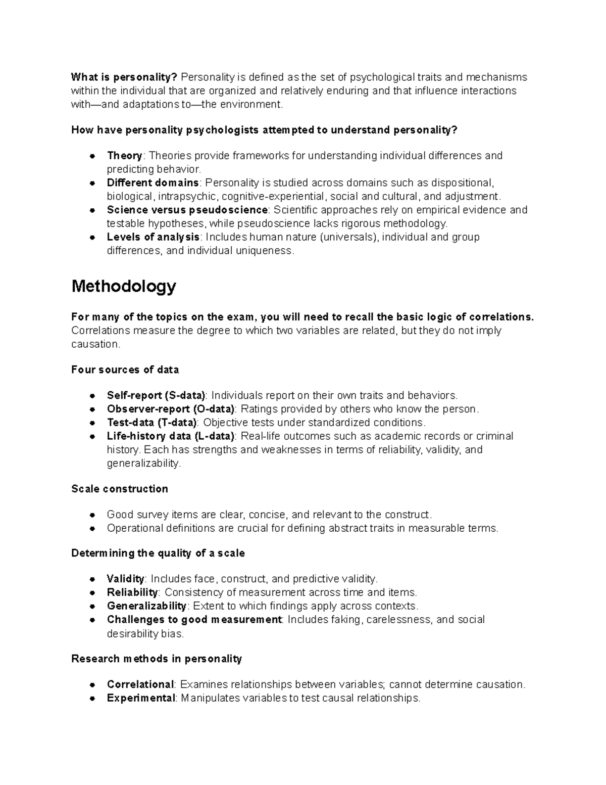 PSYC 330 Exam 1 Notes: Key Concepts in Personality Psychology - Studocu
