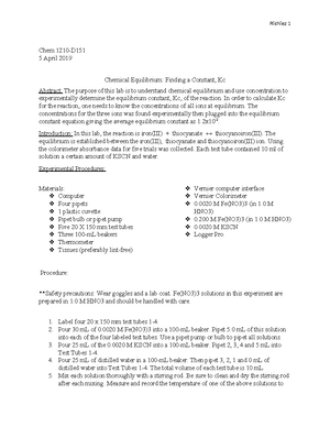 Acid Base Titration - Chemistry 1210 Lab report containing an abstract ...