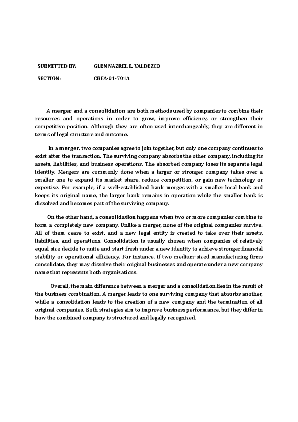 Mergers vs. Consolidations: Key Differences Explained - 701A - Studocu