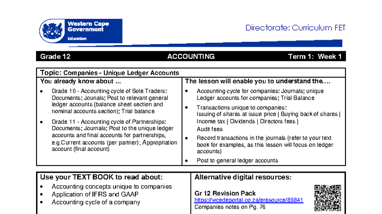Gr 12 Accounting Term 1: Unique Ledger Accounts for Companies - Studocu