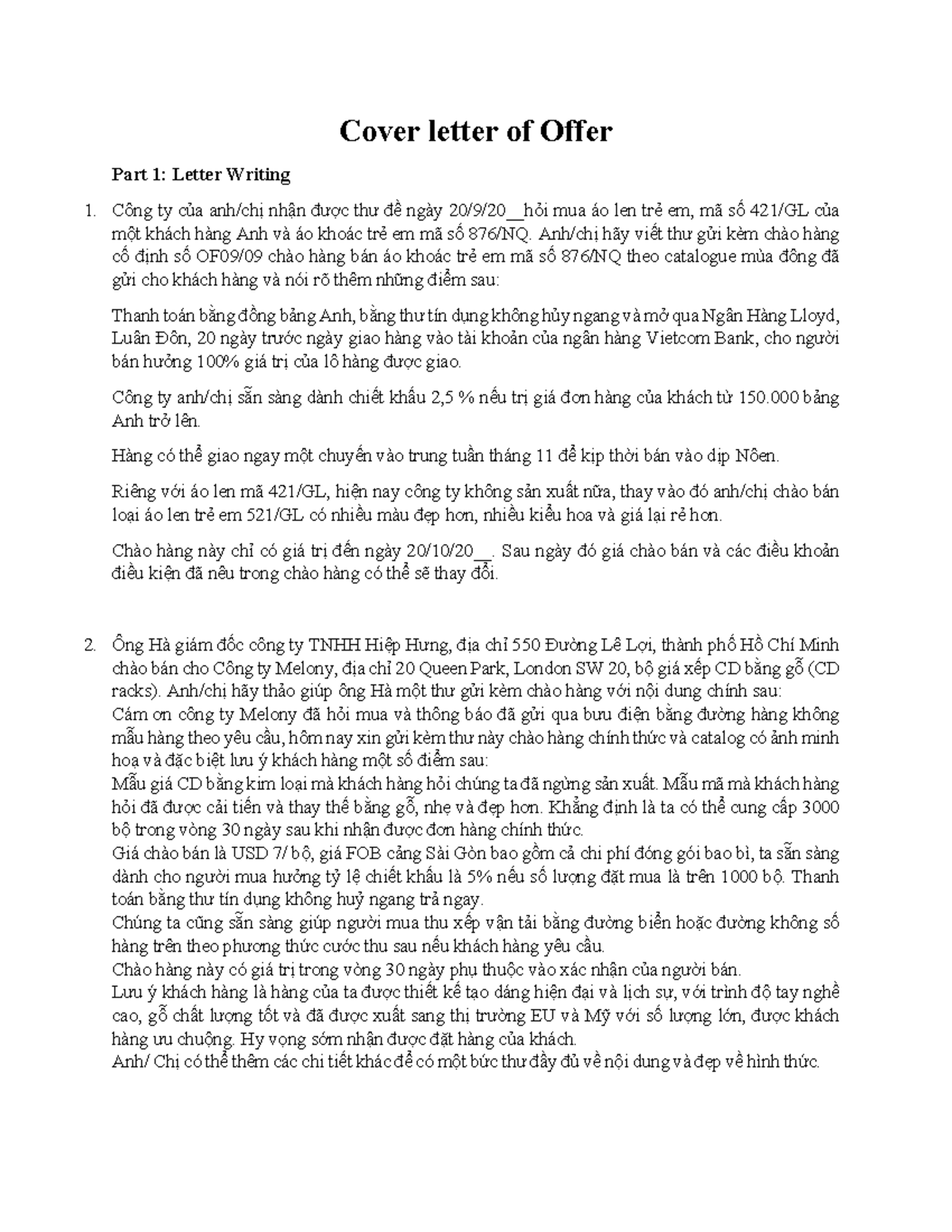 Cover Letter of Offer - Practice for Letter Writing - Studocu