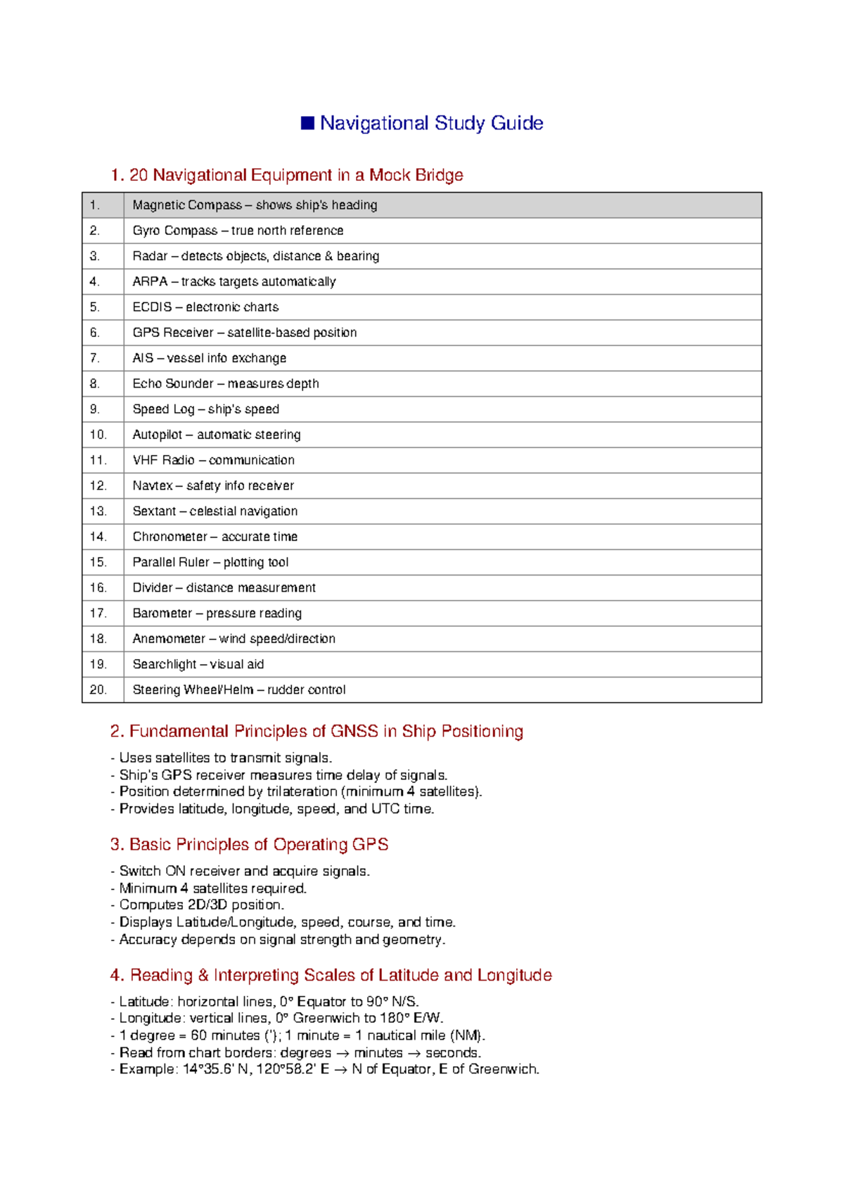 Navigational Study Guide 1: Key Equipment & GNSS Principles - Studocu