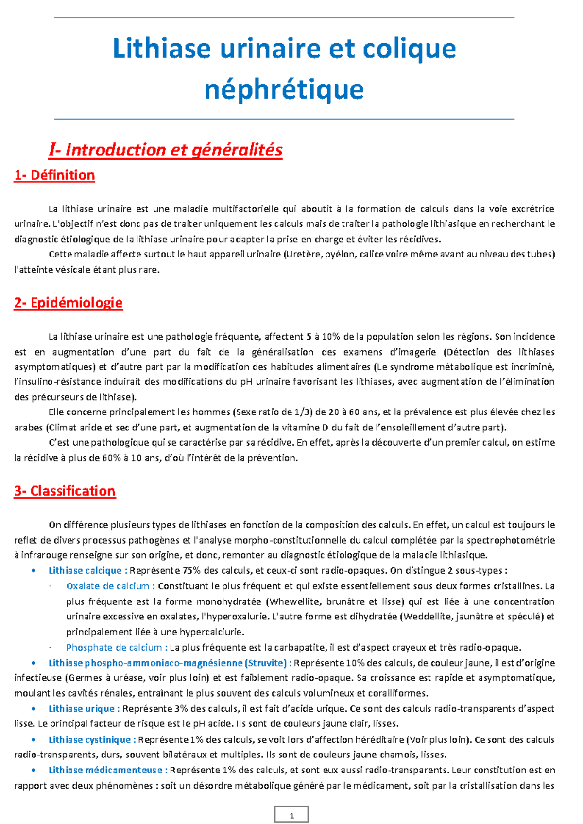 Lithiase urinaire Notes DE Cours detaillées - Lithiase urinaire et ...