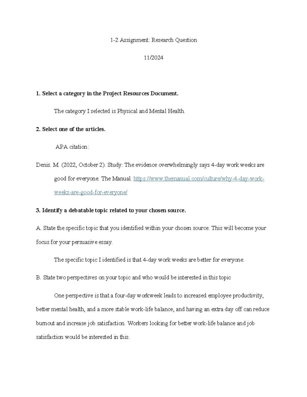 Assignment: Research Question on Work Weeks and Employee Well-Being ...