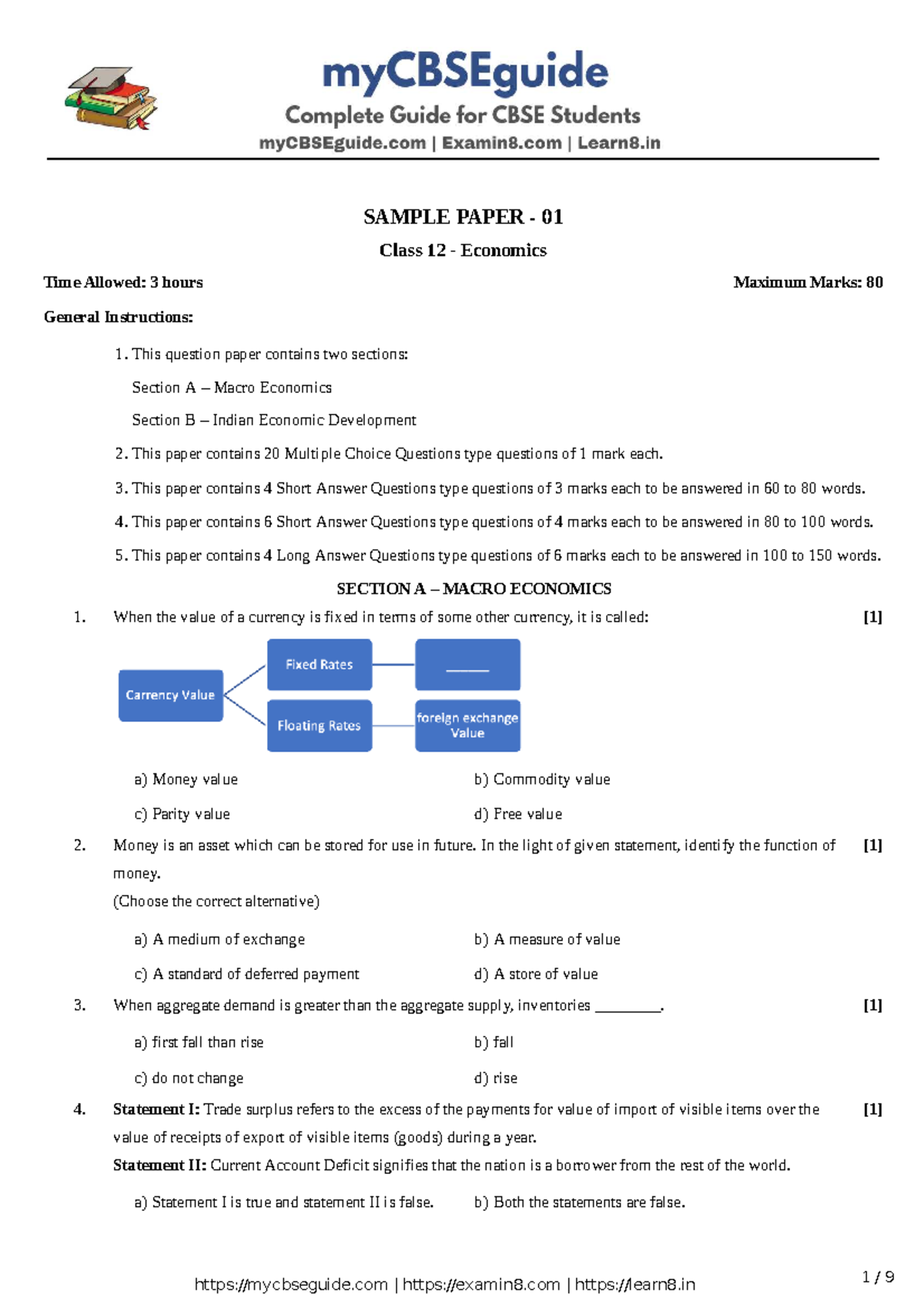 Class 12 Economics Sample Paper 01: Macro & Indian Economic Development ...