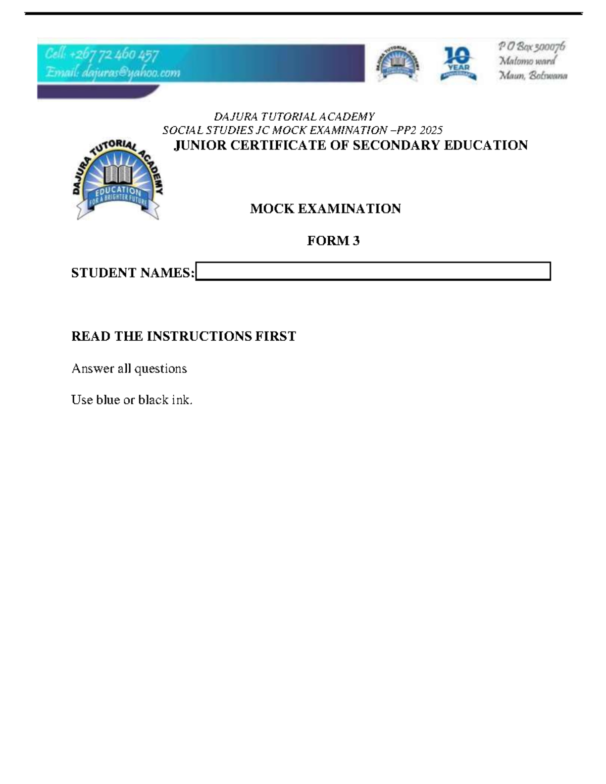 JC Social Studies Mock Exam 2025 - September Paper 2 - Studocu