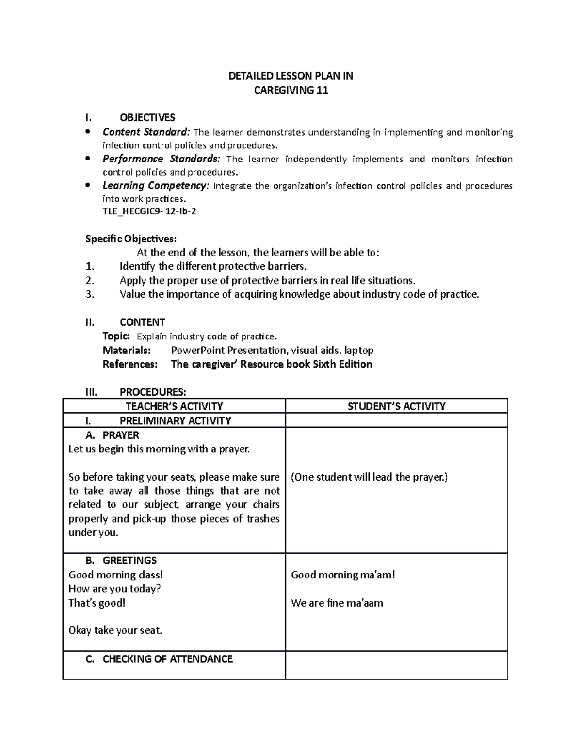 GR 11 Caregiving - Detailed Lesson Plan on Infection Control - Studocu