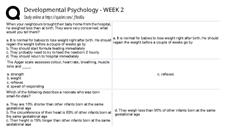 Developmental Psychology PSY 101 WEEK 2 Quiz Notes - Studocu